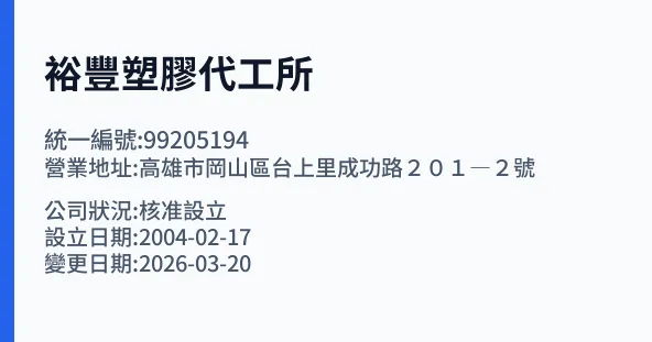 裕豐塑膠代工所的照片-統編 99205194(高雄市) 公司登記資料與營業項目詳細圖表