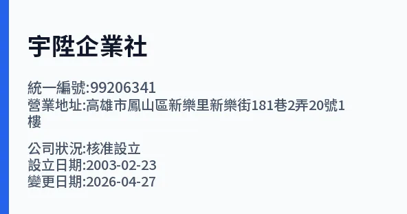 宇陞企業社的照片-統編 99206341(高雄市) 公司登記資料與營業項目詳細圖表
