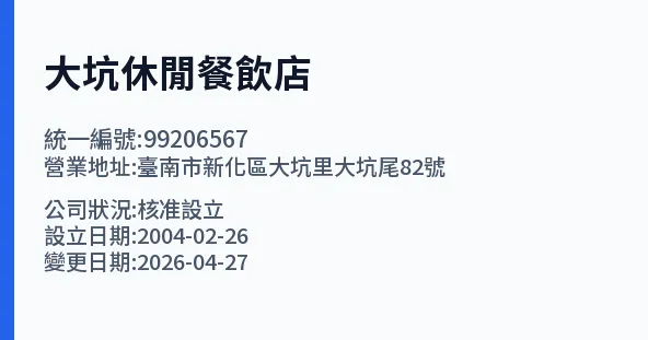 大坑休閒餐飲店的照片-統編 99206567(臺南市) 公司登記資料與營業項目詳細圖表