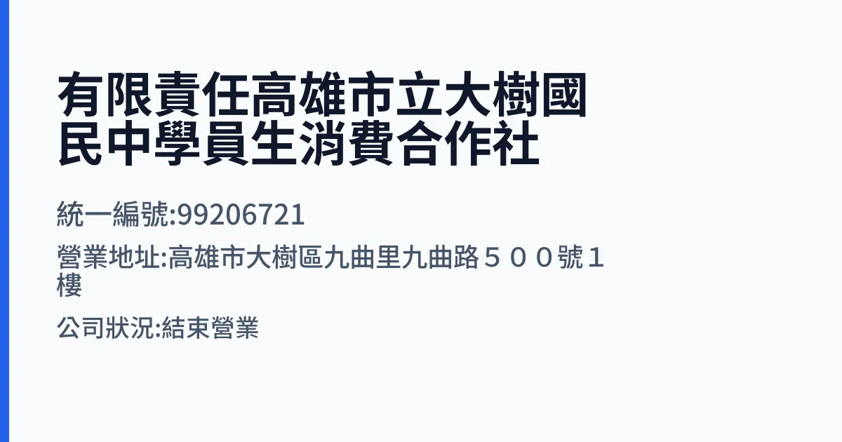有限責任高雄市立大樹國民中學員生消費合作社 - 統編 99206721(高雄市) 公司登記資料與營業項目詳細圖表
