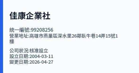 佳康企業社的照片-統編 99208256(高雄市) 公司登記資料與營業項目詳細圖表