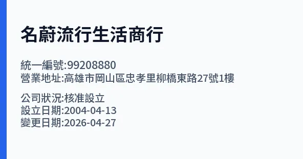 名蔚流行生活商行的照片-統編 99208880(高雄市) 公司登記資料與營業項目詳細圖表