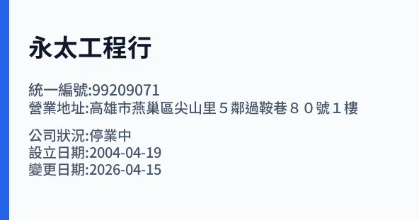 永太工程行的照片-統編 99209071(高雄市) 公司登記資料與營業項目詳細圖表