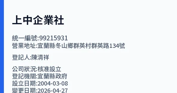 上中企業社的照片-統編 99215931(宜蘭縣) 公司登記資料與營業項目詳細圖表