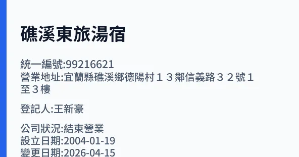 礁溪東旅湯宿的照片-統編 99216621(宜蘭縣) 公司登記資料與營業項目詳細圖表
