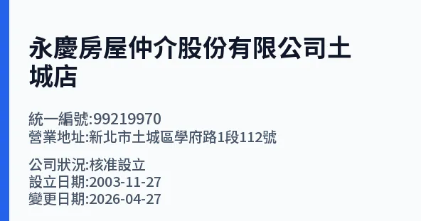 永慶房屋仲介股份有限公司土城店的照片-統編 99219970(新北市) 公司登記資料與營業項目詳細圖表