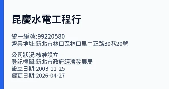 昆慶水電工程行的照片-統編 99220580(新北市) 公司登記資料與營業項目詳細圖表