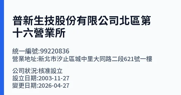 普新生技股份有限公司北區第十六營業所的照片-統編 99220836(新北市) 公司登記資料與營業項目詳細圖表