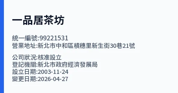 一品居茶坊的照片-統編 99221531(新北市) 公司登記資料與營業項目詳細圖表