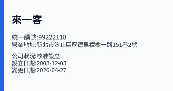 來一客的照片-統編 99222118(新北市) 公司登記資料與營業項目詳細圖表