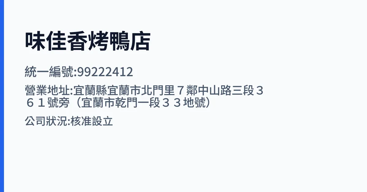 味佳香烤鴨店 - 統編 99222412(宜蘭縣) 公司登記資料與營業項目詳細圖表