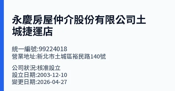 永慶房屋仲介股份有限公司土城捷運店的照片-統編 99224018(新北市) 公司登記資料與營業項目詳細圖表