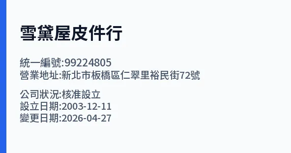 雪黛屋皮件行的照片-統編 99224805(新北市) 公司登記資料與營業項目詳細圖表