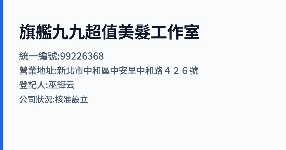 旗艦九九超值美髮工作室 - 統編 99226368(新北市) 公司登記資料與營業項目詳細圖表
