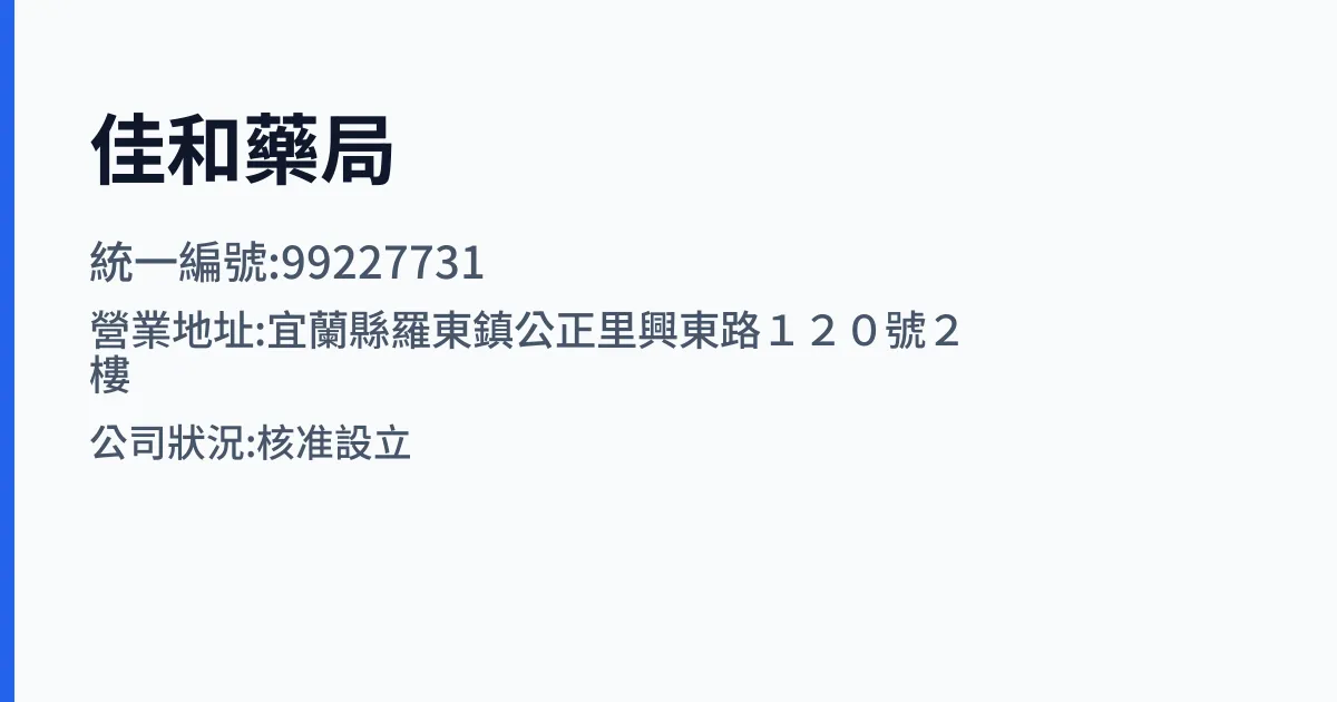 佳和藥局 - 統編 99227731(宜蘭縣) 公司登記資料與營業項目詳細圖表