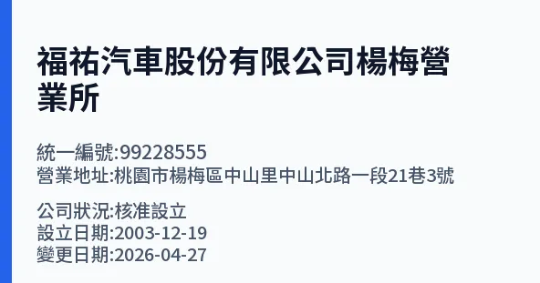 福祐汽車股份有限公司楊梅營業所的照片-統編 99228555(桃園市) 公司登記資料與營業項目詳細圖表
