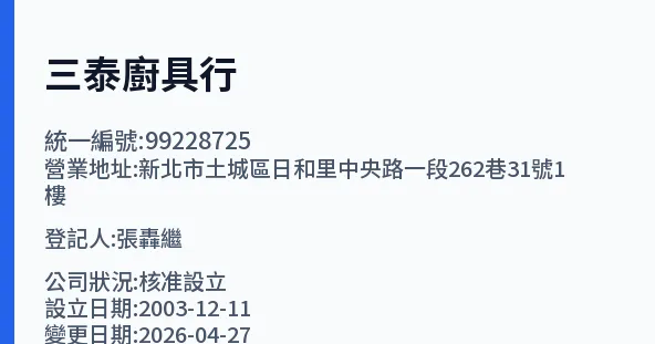 三泰廚具行的照片-統編 99228725(新北市) 公司登記資料與營業項目詳細圖表