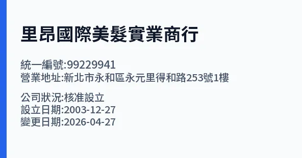 里昂國際美髮實業商行的照片-統編 99229941(新北市) 公司登記資料與營業項目詳細圖表