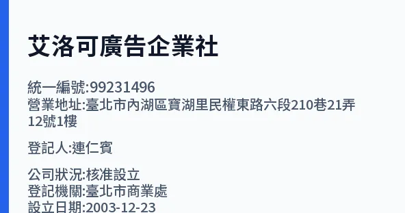 艾洛可廣告企業社的照片-統編 99231496(臺北市) 公司登記資料與營業項目詳細圖表