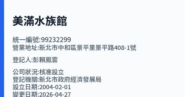 美滿水族館的照片-統編 99232299(新北市) 公司登記資料與營業項目詳細圖表