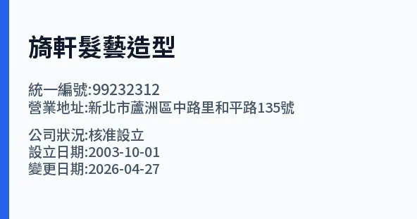 旖軒髮藝造型的照片-統編 99232312(新北市) 公司登記資料與營業項目詳細圖表