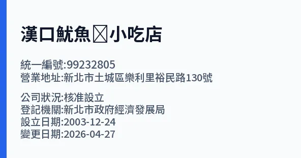 漢口魷魚焿小吃店的照片-統編 99232805(新北市) 公司登記資料與營業項目詳細圖表