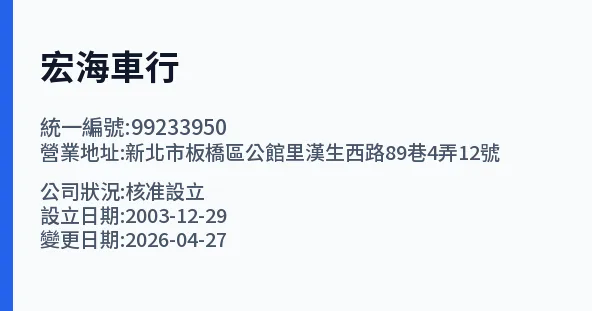 宏海車行的照片-統編 99233950(新北市) 公司登記資料與營業項目詳細圖表