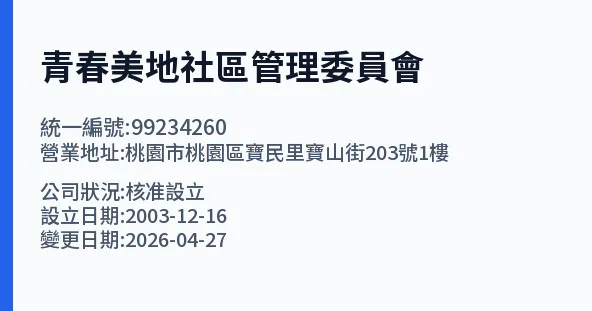 青春美地社區管理委員會的照片-統編 99234260(桃園市) 公司登記資料與營業項目詳細圖表