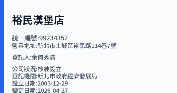 裕民漢堡店的照片-統編 99234352(新北市) 公司登記資料與營業項目詳細圖表
