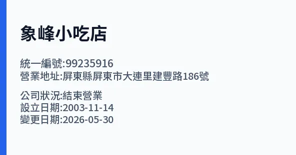 象峰小吃店的照片-統編 99235916(屏東縣) 公司登記資料與營業項目詳細圖表