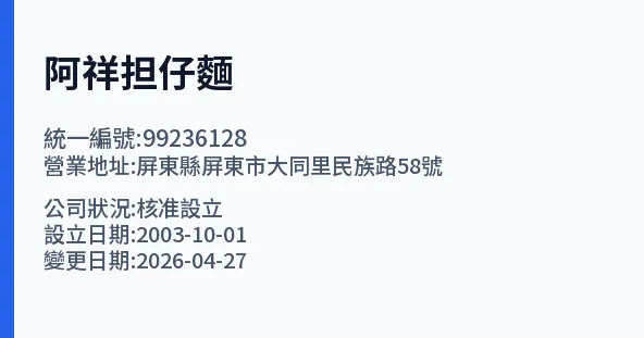 阿祥担仔麵的照片-統編 99236128(屏東縣) 公司登記資料與營業項目詳細圖表