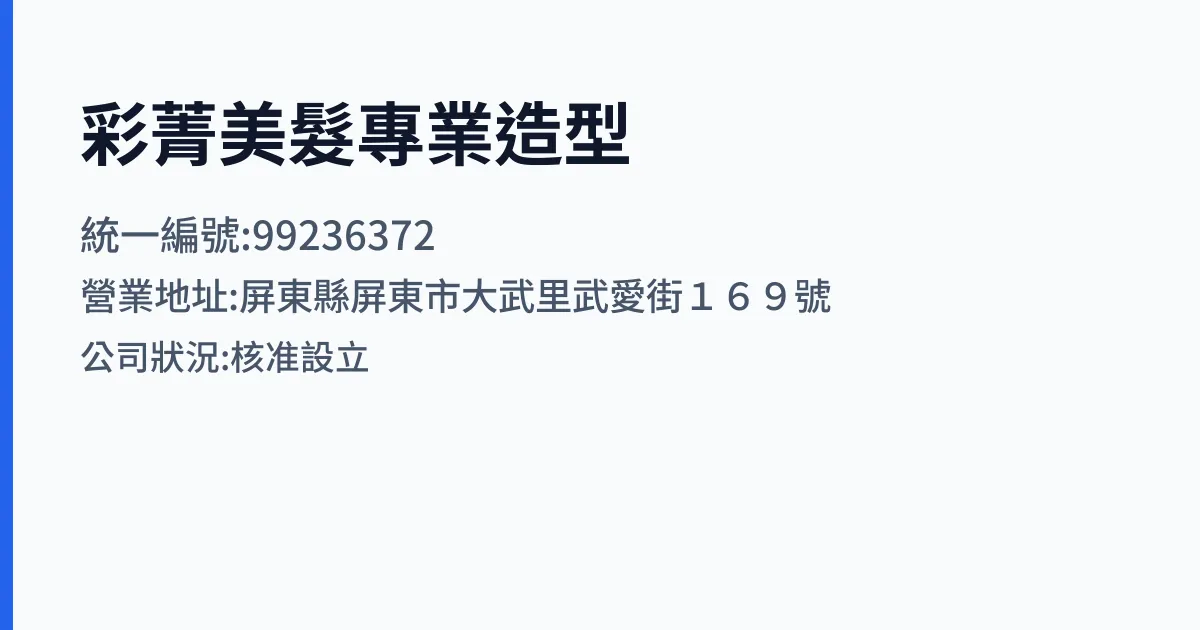 彩菁美髮專業造型 - 統編 99236372(屏東縣) 公司登記資料與營業項目詳細圖表