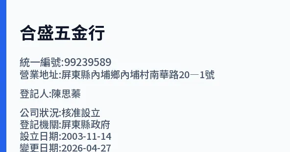 合盛五金行的照片-統編 99239589(屏東縣) 公司登記資料與營業項目詳細圖表