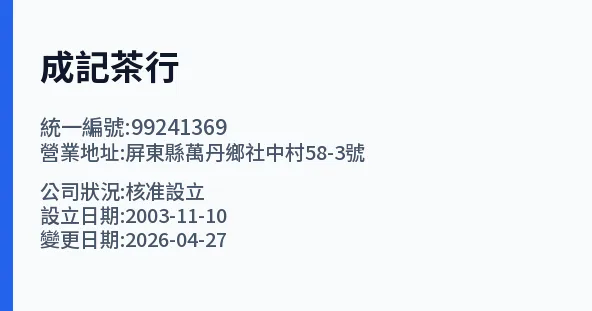 成記茶行的照片-統編 99241369(屏東縣) 公司登記資料與營業項目詳細圖表