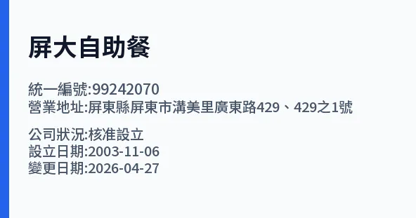 屏大自助餐的照片-統編 99242070(屏東縣) 公司登記資料與營業項目詳細圖表