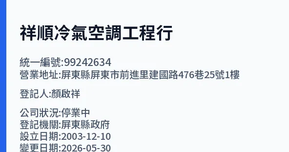 祥順冷氣空調工程行的照片-統編 99242634(屏東縣) 公司登記資料與營業項目詳細圖表