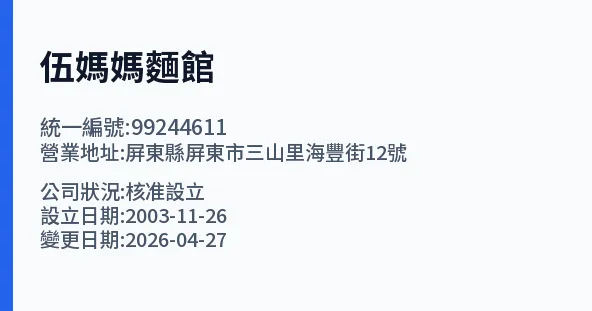 伍媽媽麵館的照片-統編 99244611(屏東縣) 公司登記資料與營業項目詳細圖表