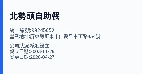 北勢頭自助餐的照片-統編 99245652(屏東縣) 公司登記資料與營業項目詳細圖表