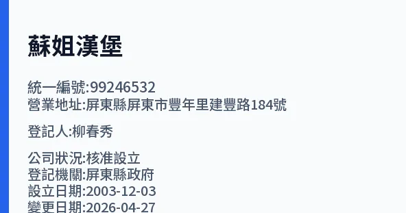 蘇姐漢堡的照片-統編 99246532(屏東縣) 公司登記資料與營業項目詳細圖表