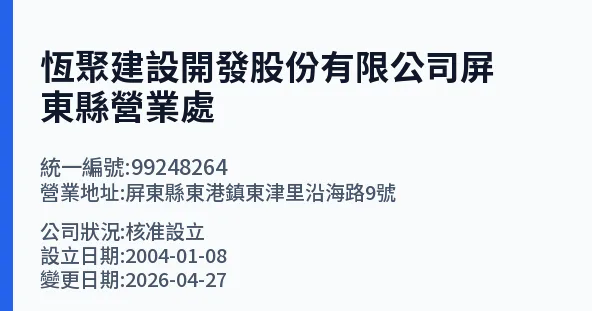 恆聚建設開發股份有限公司屏東縣營業處的照片-統編 99248264(屏東縣) 公司登記資料與營業項目詳細圖表