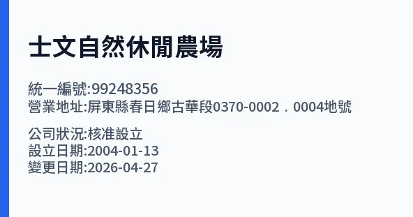 士文自然休閒農場的照片-統編 99248356(屏東縣) 公司登記資料與營業項目詳細圖表