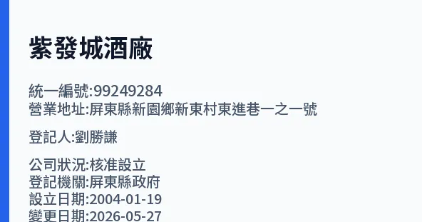 紫發城酒廠的照片-統編 99249284(屏東縣) 公司登記資料與營業項目詳細圖表