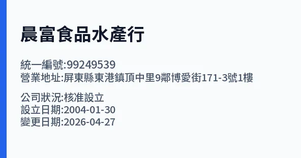 晨富食品水產行的照片-統編 99249539(屏東縣) 公司登記資料與營業項目詳細圖表