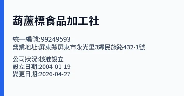 葫蘆標食品加工社的照片-統編 99249593(屏東縣) 公司登記資料與營業項目詳細圖表