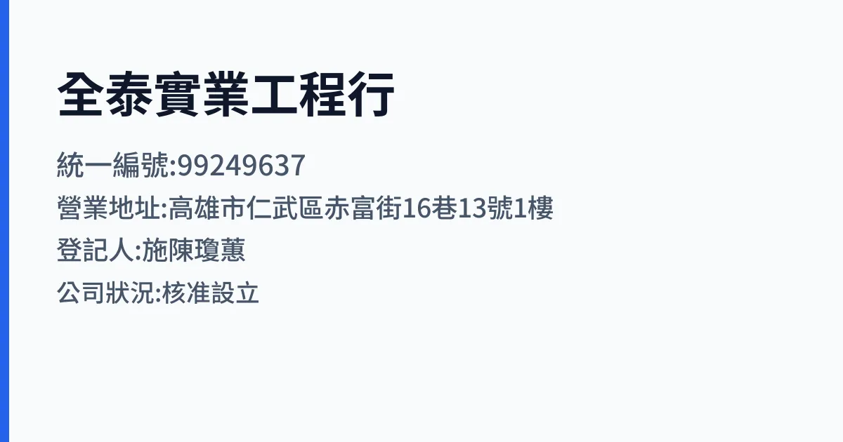 全泰實業工程行 - 統編 99249637(高雄市) 公司登記資料與營業項目詳細圖表