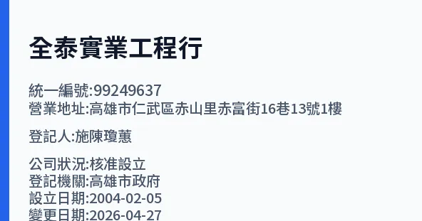 全泰實業工程行的照片-統編 99249637(高雄市) 公司登記資料與營業項目詳細圖表