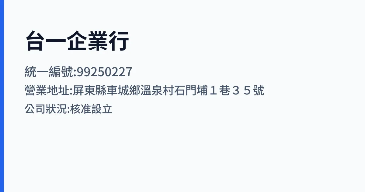 台一企業行 - 統編 99250227(屏東縣) 公司登記資料與營業項目詳細圖表