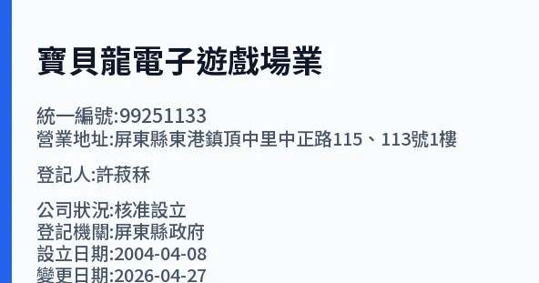 寶貝龍電子遊戲場業的照片-統編 99251133(屏東縣) 公司登記資料與營業項目詳細圖表