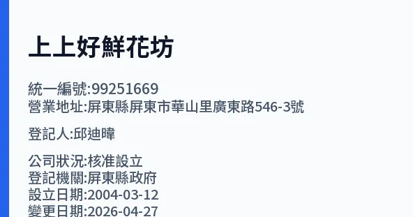 上上好鮮花坊的照片-統編 99251669(屏東縣) 公司登記資料與營業項目詳細圖表