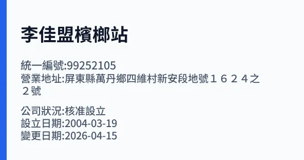 李佳盟檳榔站的照片-統編 99252105(屏東縣) 公司登記資料與營業項目詳細圖表